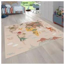 Kinderteppich Paco Home "Bino 583", beige, B:200cm H:4mm L:200cm, Polyester, Teppiche, Kinderteppich, Spielteppich, Motiv Weltkarte & Dinosaurier, Kinderzimmer