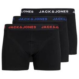 Jack & Jones Trunk JACK & JONES "JACBLACK &ndash; Boxershorts mit Stretch, Jersey und mittlerer Taille", Herren, Gr. S, 3 Stk., schwarz (schwarz pack:blau logo, rot logo, wei&szlig; logo), Jersey, Obermaterial: 95% Baumwolle, 5% Elasthan, unifarben, normal, Unterhosen, unifarben, modisch, regular fit, Jersey