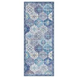 Teppich ELLE DECORATION "Kashmir Ghom" Gr. 12, blau (denim), B:80cm H:5mm L:200cm, Polyester, Teppiche, Teppich, Orientalisch, L&auml;ufer, Kurzflor, Vintage, Wohnzimmer, Schlafzimmer
