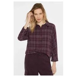 Kurzarmbluse SENSES.THE LABEL, Damen, Gr. XS, lila (deep plum), Web, Material: 56% Viskose, 44% Baumwolle, kariert, relaxed fit normal, hoch geschlossener Ausschnitt, &Auml;rmel mit &Auml;rmelschlitz 1-Knopf-Manschette, Blusen, mit Baumwolle