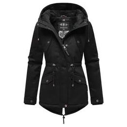 Winterjacke Marikoo "Manolya", Damen, Gr. M (38), schwarz, Oberstoff: 100% Baumwolle. Futter: 100% Polyester. Wattierung: 100% Polyester. &Auml;rmelfutter: 100% Polyester, figurbetont Po-bedeckend, hoch geschlossener Ausschnitt, &Auml;rmel ohne &Auml;rmelschlitz Rippstrickb&uuml;ndchen mit Druckknopf, Jacken Winterjacke, stylischer Kurzmantel mit weichem Teddyfell-Futter