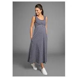 Umstandskleid Neun Monate "Langes Schwangerschaftskleid", Damen, Gr. 44, N-Gr, blau (blau geringelt), Single Jersey, Obermaterial: 95% Baumwolle, 5% Elasthan, geringelt, bequem ca. Mitte Wade, Rundhals, Kleider, Jersey-Kleid f&uuml;r Schwangerschaft und Stillzeit
