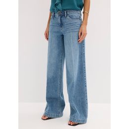 bonprix Wide-Leg-Jeans Mid Waist Low Stretch Full Length, blau, mit Baumwolle