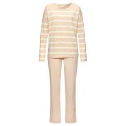 Pyjama s.Oliver, Damen, Gr. 36/38, beige (beige, wei&szlig;, gestreift), Single Jersey, Obermaterial: 60% Baumwolle, 40% Polyester, gestreift, unifarben, bequem lang, Rundhals, Homewear-Sets Pyjama, mit garngef&auml;rbten Streifen im Oberteil