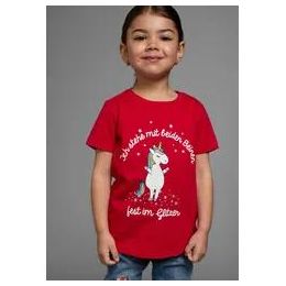 T-Shirt Kidsworld "Mit Einhorn-Druck und Glitzereffekten", M&auml;dchen, Gr. 128/134, rot, Jersey, Obermaterial: 100% Baumwolle, bedruckt, Basic h&uuml;ftlang, Rundhals, abgesteppte Kante, Shirts T-Shirt, mit stylischem Einhorn-Print