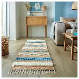 L&auml;ufer FLAIR RUGS "Medina, mit abstraktem Streifenmuster", blau, B:60cm H:12mm L:230cm, Baumwolle, Jute, Wolle, Teppiche, L&auml;ufer, Boho-Look, aus Naturfasern wie Wolle & Jute, Teppichl&auml;ufer