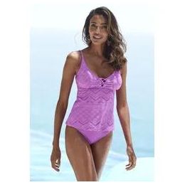 Tankini-Top Lascana "Omara", Damen, Gr. 46, Cup C/D, lila, Microfaser, Recycling-Polyamid, unifarben, Bikini-Oberteile, mit Lochstickerei
