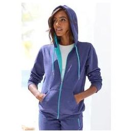 Sweatjacke Kangaroos, Damen, Gr. 40/42, blau, Single Jersey, Obermaterial: 60% Baumwolle, 40% Polyester, bedruckt, kontrastfarbene Details, meliert, bequem h&uuml;ftbedeckend, Rippb&uuml;ndchen, Sweatjacken Sweatjacke, mit kontrastfarbenen Details, Loungewear