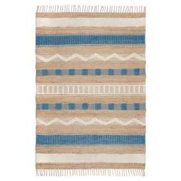 Teppich FLAIR RUGS "Medina, mit abstraktem Streifenmuster", blau, B:160cm H:12mm L:230cm, Baumwolle, Jute, Wolle, Teppiche, Teppich, Boho-Look, aus Naturfasern wie Wolle & Jute
