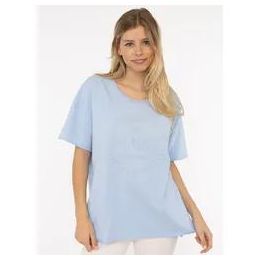 Kurzarmshirt Zwillingsherz "Oversized Shirt Stempeldruck "Moin", Damen, Gr. S/M, blau (hellblau), Web, Obermaterial: 95% Baumwolle, 5% Elasthan, bedruckt, unifarben, oversize Po-bedeckend, Rundhals, Shirts, Kurzarm, tiefer Rundhalsausschnitt, Schriftzug, Baumwollmischung