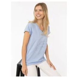 Kurzarmshirt Zwillingsherz "Positive Mind", Damen, Gr. S/M, blau (hellblau), Web, Obermaterial: 95% Baumwolle, 5% Elasthan, bedruckt, unifarben, oversize Po-bedeckend, V-Ausschnitt, Shirts, V-Ausschnitt, Kurzarm, hinten etwas l&auml;nger, Baumwollmischung