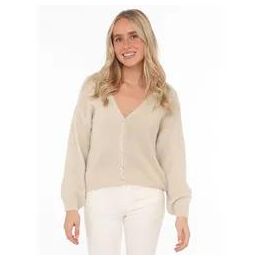 Strickjacke Zwillingsherz "Uni", Damen, beige, Grobstrick, Obermaterial: 44% Polyester, 26% Polyamid, 15% Alpaka, 15% Wolle, Basic kurz, tiefer V-Ausschnitt, Strickjacken Strickjacke, One Size, Langarm, Knopfleiste, tiefer V-Ausschnitt, Wollanteil