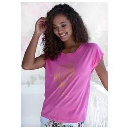 Pyjamaoberteil Lascana, Damen, Gr. 40/42, pink, Single Jersey, Obermaterial: 50% Baumwolle, 50% Viskose, unifarben, Basic, bequem h&uuml;ftlang, Rundhals, angeschnitten abgesteppt, Shirts, mit Folienprint