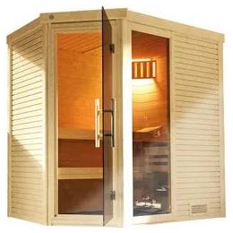 Sauna Weka "Massivholzsauna CUBILIS ECK 1", beige (natur), Bio-Ofen, externe Steuerung, 4,5 kW, Saunen, Blockbohlen im WekaLine-Profil, Fensterelement, Ganzglast&uuml;r
