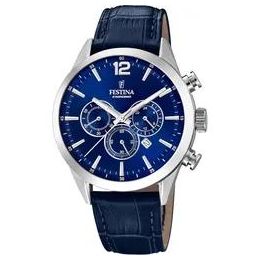 Chronograph Festina "Timeless Chronograph", blau (dunkelblau, blau, silberfarben), Armbanduhren, Herren, Chronograph, Armbanduhr, Quarzuhr, Herrenuhr, Stoppfunktion, Lederarmband