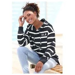 Kapuzensweatshirt ELBSAND "Marvi", Damen, Gr. L (40), blau (marine, wei&szlig;), Sweatware, Obermaterial: 95% Baumwolle, 5% Elasthan, gestreift, figurumspielend h&uuml;ftbedeckend, Rippb&uuml;ndchen, Sweatshirts, mit Logoprint, Topseller