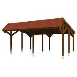 Skan Holz Doppelcarport SKANHOLZ "Harz", braun (nussbaum), B/H/T: 624cm x 219cm x 560cm, Carports, mit roten Schindeln