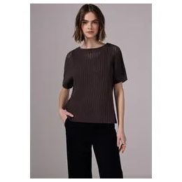 T-Shirt STREET ONE STUDIO, Damen, Gr. 34, braun (plummy braun), Web, 97% Baumwolle, 3% Elasthan, Strukturmuster, comfort fit normal, U-Boot-Ausschnitt, B&uuml;ndchen, Shirts T-Shirt, aus Baumwolle mit Stretchante