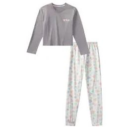 Pyjama Petite Fleur, M&auml;dchen, Gr. 170/176, grau (hellgrau), Single Jersey, Obermaterial: 100% Baumwolle, bedruckt, Rundhals, abgesteppte Kante, Homewear-Sets Pyjama, Schlafanzug mit modisch kurzem Shirt