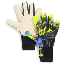 Torwarthandschuhe Puma "ULTRA Ultimate TEASER Hybrid Torwarthandschuhe Unisex", Damen, Gr. 9, gelb (schwarz luminous lila lime squeeze gelb), Obermaterial: 5% Elasthan, 95% Polyester. Handgelenkschoner: 23% Elasthan, 77% Polyester. Handfl&auml;che: 100% Latex, Handschuhe