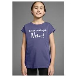T-Shirt Kidsworld "Bevor Du fragst: NEIN", M&auml;dchen, Gr. 140/146, blau, Single Jersey, Obermaterial: 100% Baumwolle, bedruckt, weit h&uuml;ftbedeckend, Rundhals, Aufschlag, Shirts T-Shirt, Kurzarm, mit Print, Rundhalsausschnitt