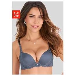 Push-up-BH s.Oliver "Pauline", Damen, Gr. 80, Cup C, blau (jeansblau), Microtouch, Obermaterial: 69% Polyamid, 17% Elasthan, 14% Polyester, BHs Push-up-BH, mit feiner Spitze seitlich am Cup und modischem Accessoire, Dessous