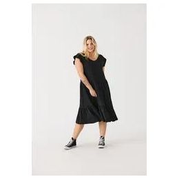 Jerseykleid Only CARMAKOMA "CARMAY LIFE CAP SL FRILL DRESS JRS NOOS", Damen, Gr. XL (54), N-Gr, schwarz, Jersey, Obermaterial: 100% Baumwolle, unifarben, regular fit, V-Ausschnitt, Kleider Jerseykleid, Sommerkleid
