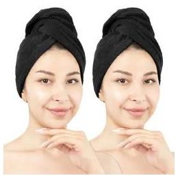 Turban-Handtuch HAMMETEX "2er Set Haarturban Damen, 100% Baumwolle, Flauschig & Schnelltrocknend", schwarz, B:25cm L:64cm, Frottier, Baumwolle, Handt&uuml;cher, Uni-Farben, weich