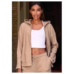 Sweatjacke French Connection, Damen, Gr. 44/46, beige (sand), Rippware, Obermaterial: 81% Polyester, 15% Viskose, 4% Elasthan, meliert, bequem h&uuml;ftlang, normaler Saum, Sweatjacken Sweatjacke, weiche Rippstruktur, Loungewear