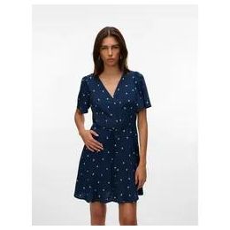 V&eacute;ro Moda Minikleid VERO MODA "VMALBA SS SHORT DRESS WVN NOOS", Damen, Gr. S, N-Gr, blau (navy blazer aop:lemons), Web, Obermaterial: 100% Viskose, bedruckt, slim fit kurz, V-Ausschnitt, Kleider Minikleid, Viskose, slim fit
