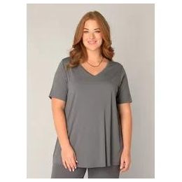 T-Shirt Base Level Curvy "Alba", Damen, Gr. 46, grau (dunkelgrau), Single Jersey, Obermaterial: 94% Viskose, 6% Elasthan, unifarben, figurumspielend h&uuml;ftlang, V-Ausschnitt, abgesteppt, Shirts T-Shirt, mit V-Ausschnitt