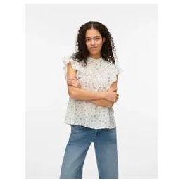 V&eacute;ro Moda Blusenshirt VERO MODA "VMTRINE SL LACE TOP WVN NOOS", Damen, Gr. S, wei&szlig; (snow wei&szlig; aop:maguerite blau jasper), Web, Obermaterial: 100% Baumwolle, bedruckt, regular fit normal, Rundhals, Fl&uuml;gel&auml;rmel, Shirts Blusenshirt, Baumwolle