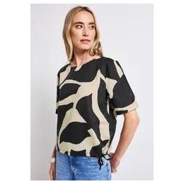 Shirtbluse Street One, Damen, Gr. 38, grau (whale tail grau), Web, 60% Leinen, 40% Baumwolle, bedruckt, normal normal, Rundhals, abgesteppt, Blusen, mit Tunnelzugsaum