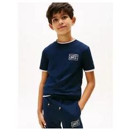 T-Shirt Tommy Hilfiger "VARSITY PRINT TEE SS", Jungen, Gr. 14 (164), blau (schwarz night navy), Single Jersey, Obermaterial: 100% Baumwolle, unifarben, regular fit normal, Rundhals, eingesetzt gerader Abschluss, Shirts T-Shirt, Kinder bis 16 Jahre