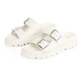 Tommy Hilfiger Pantolette TOMMY JEANS "TJW DOUBLE STRAP SANDAL", Damen, Gr. 40, wei&szlig; (ivory), Leder, Schuhe Pantolette, Plateau, Sommerschuh, Schl&uuml;pfschuh mit zwei verstellbaren Schnallen