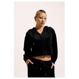 Kapuzennickijacke Juicy Couture "BRENDAL CROP OVERSIZED HOODIE Damen", Damen, Gr. L, schwarz, Samt, 95% Polyester, 5% Elasthan, slim fit taillenlang, Jacken, Trainingsjacke Damen, Sweatjacke mit Kapuze, Velour, mit Glitzer, Sale