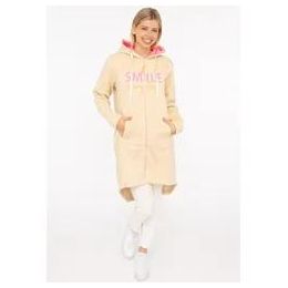 Jerseymantel Zwillingsherz "Smile everyday", Damen, Gr. S/M, beige (hellbeige), angeraute Sweatware, Obermaterial: 50% Baumwolle, 50% Polyester, M&auml;ntel, mit gro&szlig;er SMILE Stickerei und positiver Botschaft
