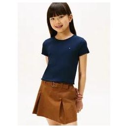 T-Shirt Tommy Hilfiger "ESSENTIAL RIB TOP mit Babylock-Kanten und Stickerei", M&auml;dchen, Gr. 86, blau (schwarz night navy), Rippware, Obermaterial: 95% Baumwolle, 5% Elasthan, normal h&uuml;ftlang, Rundhals, Rollkante, Shirts T-Shirt, unifarben, casual, regular fit, Baumwollmix, Rundhals