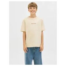 Jack & Jones T-Shirt JACK & JONES JUNIOR "JORNORREBRO EMB TEE SS CN NOOS JNR", Jungen, Gr. 128, wei&szlig; (antique wei&szlig;), Single Jersey, Obermaterial: 100% Baumwolle, bedruckt, relaxed fit normal, Rundhals, Shirts T-Shirt, Baumwolle, relaxed fit, Kurzarm