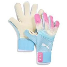 Torwarthandschuhe Puma "FUTURE Pro RE-CHARGE Torwarthandschuhe Unisex", Damen, Gr. 10, wei&szlig; (sunset pink hero blau wei&szlig;), Obermaterial: 77% Polyester, 23% Elasthan. Handgelenkschoner: 77% Polyester, 23% Elasthan. Handfl&auml;che: 100% Latex. Handr&uuml;cken: 100% Latex, Handschuhe