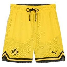 Sporthose Puma "Puma HOOPS x Borussia Dortmund Shorts Herren", Gr. S, Normalgr&ouml;&szlig;en, gelb (faster gelb schwarz aop), Innenmaterial: 100% Polyester; Au&szlig;enseite: 100% Polyester; Taschenfutter: 100% Polyester, unifarben, regular fit, Hosen Sporthose