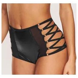 High-Waist-Slip Petite Fleur Gold, Damen, Gr. 48/50, schwarz, Lederoptik (PU beschichtet), Obermaterial: 85% Polyester, 10% Elasthan, 5% Polyamid. Beschichtung: 100% Polyurethan, eng, Unterhosen, aus Lederimitat mit aufregenden B&auml;nderdetails, Reizw&auml;sche