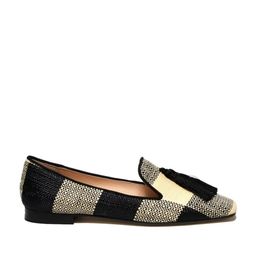 Ivory Black Checkered Raffia Slipper With Silk Tas - Gr. 37 (EU) - in Schwarz