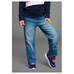 Stretch-Jeans Kangaroos "Stretchjeans mit Applikation", M&auml;dchen, Gr. 128, N-Gr, blau (blau stone washed), Denim/Jeans, Obermaterial: 98% Baumwolle, 2% Elasthan, bestickt, loose fit lang, Jeans, Jeans mit s&uuml;&szlig;en Sternen-Aufn&auml;hern