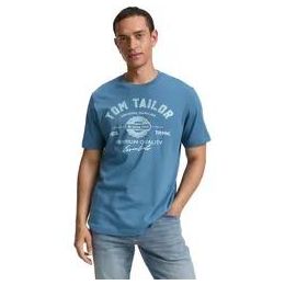 T-Shirt Tom Tailor, Damen, Gr. L, blau (real teal blau), Single Jersey, Obermaterial: 100% Baumwolle, bedruckt, regular fit normal, Rundhals, Shirts T-Shirt, mit gro&szlig;em Logofrontprint