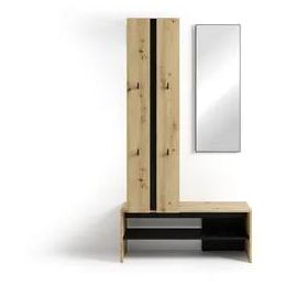 Kompaktgarderobe ByLiving "Dielen - Set Nante", artisan eiche, schwarz, B:100cm H:186cm T:40cm, FSC-zertifizierter Holzwerkstoff, Glas, Kunststoff, Metall, Schr&auml;nke, maximale Ordnung auf wenig Fl&auml;che mit Spiegel, Kleiderstange und Haken