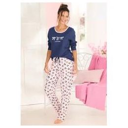 Pyjama Vivance DREAMS, Damen, Gr. 32/34, marine, rosa, gemustert, Single Jersey, Obermaterial: 100% Baumwolle. Unterteil: 100% Baumwolle, gemustert, Basic lang, Rundhals, Homewear-Sets Pyjama, mit s&uuml;&szlig;em Schleifenmuster