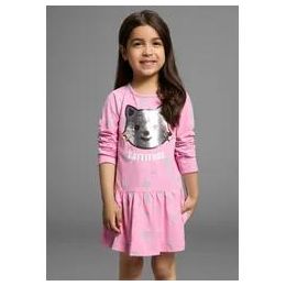 Jerseykleid Kidsworld "Kleid mit Pailletten", M&auml;dchen, Gr. 128/134, N-Gr, rosa (rosa gemustert), Jersey, Obermaterial: 57% Baumwolle, 38% Polyester, 5% Elasthan, bedruckt, figurumspielend ca. Mitte Oberschenkel, Rundhals, abgesteppte Kante, Kleider Jerseykleid, Shirtkleid mit s&uuml;&szlig;er Paillettenapplikation