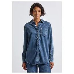 Jeansbluse Street One, Damen, Gr. 36, blau (soft midblau wash), Jeans, 83% Lyocell, 16% Polyester, 1% Elasthan, unifarben, normal normal, V-Ausschnitt, B&uuml;ndchen, Blusen Jeansbluse, mit Brusttasche