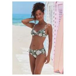 B&uuml;gel-Bikini-Top s.Oliver "Lady", Damen, Gr. 40, Cup F, gr&uuml;n (olive, creme), Microfaser, Recycling-Polyamid, gebl&uuml;mt, Bikini-Oberteile, mit floralem Design